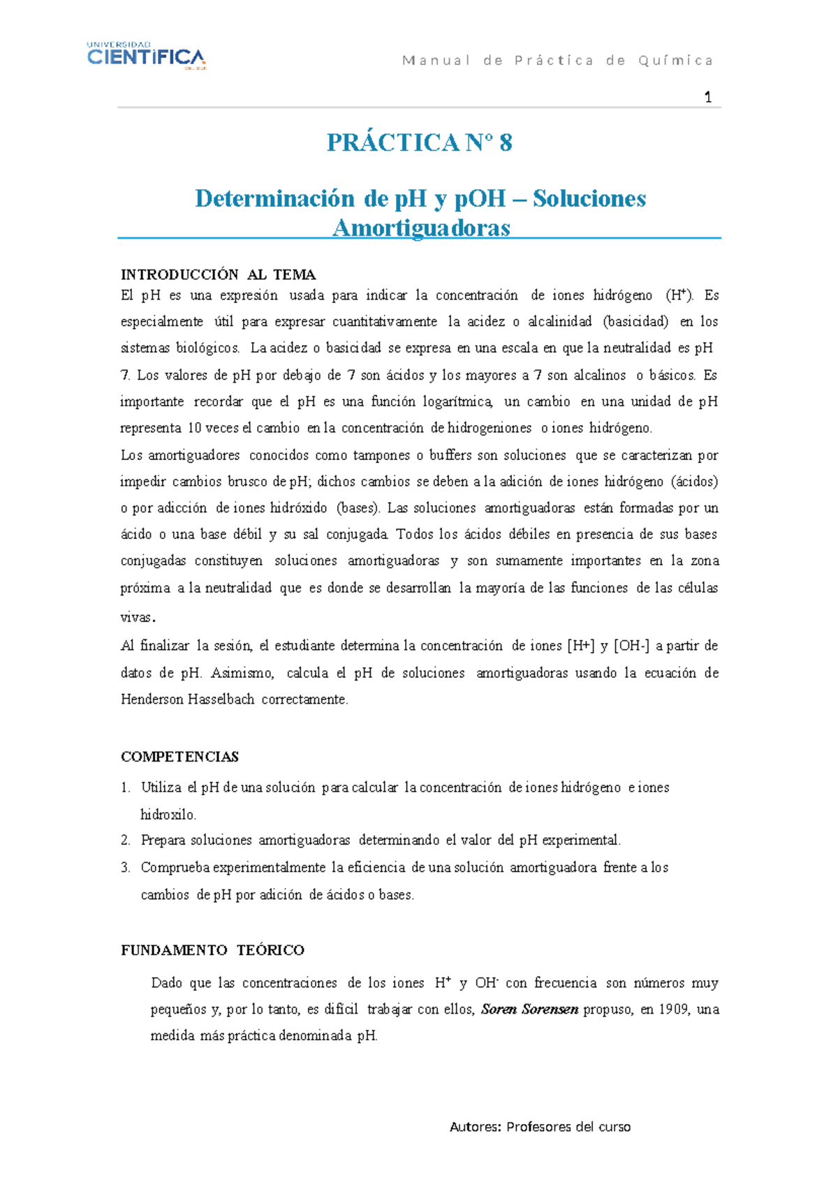 GUÍA DE Práctica 8 - guia - 1 PRÁCTICA Nº 8 Determinación de pH y pOH – Soluciones ...
