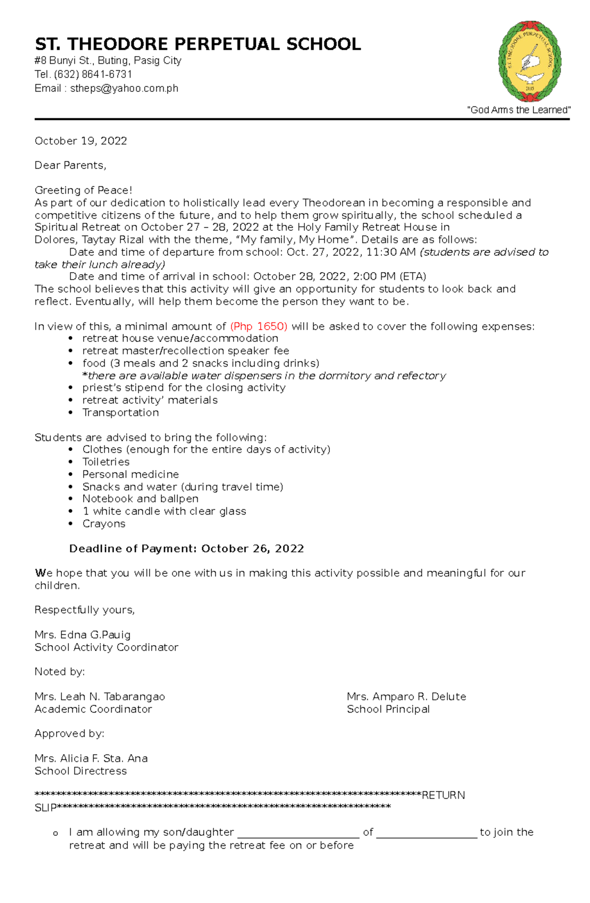 Retreat-letter-1 - RETREAT LETTER - ST. THEODORE PERPETUAL SCHOOL #8 ...