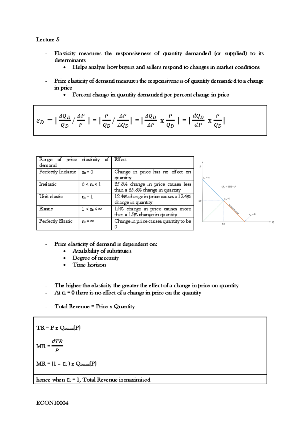 Introductory Microeconomics Lecture 5 Notes - ECON Lecture 5 Elasticity ...
