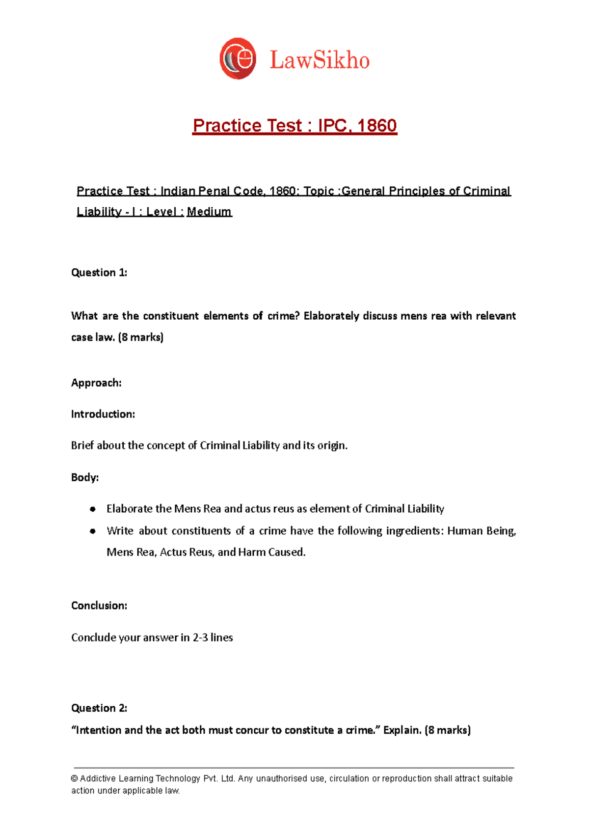 Practice Test Indian Penal Code, 1860 Topic General Principles of ...