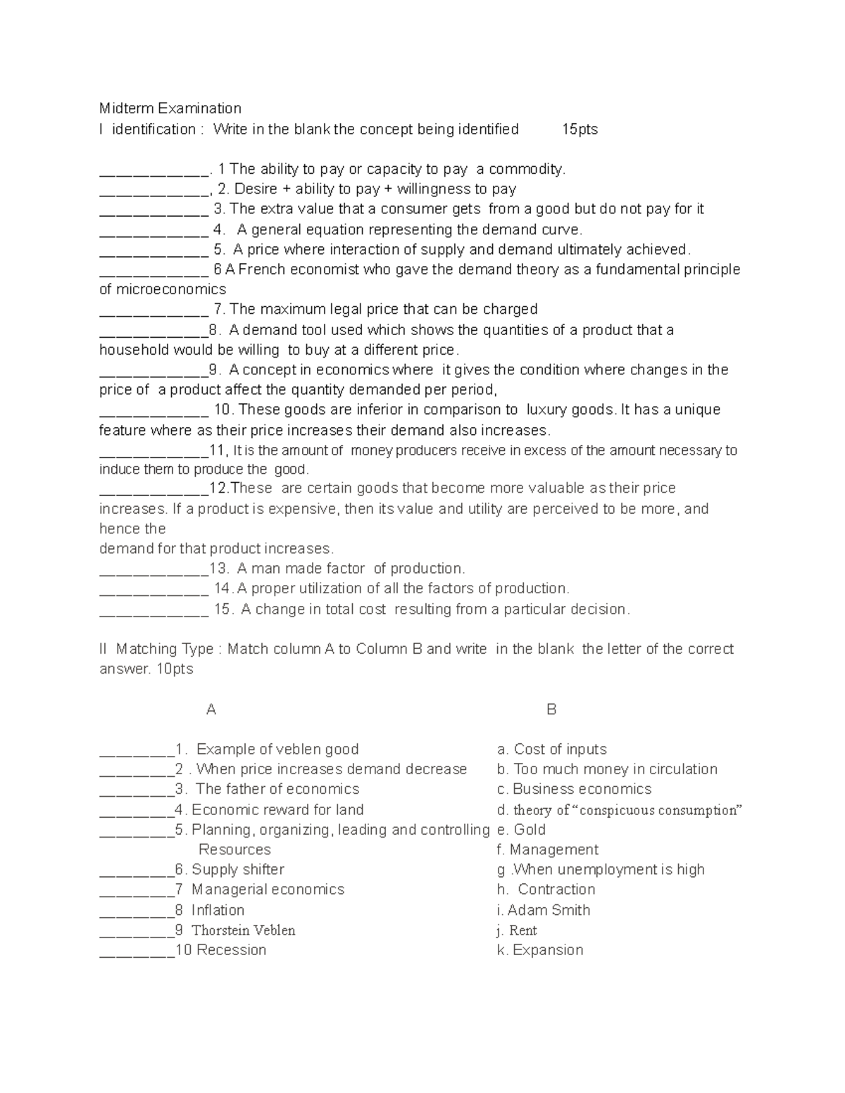[Template] midterm exam for Managerial econ - Midterm Examination I ...
