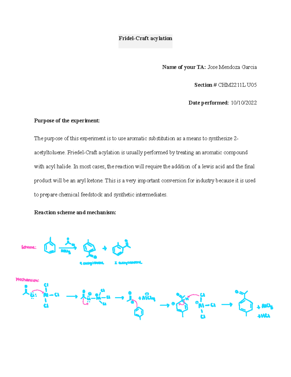 Fridel Craft Acylation Lab Report - Fridel-Craft acylation Name of your ...