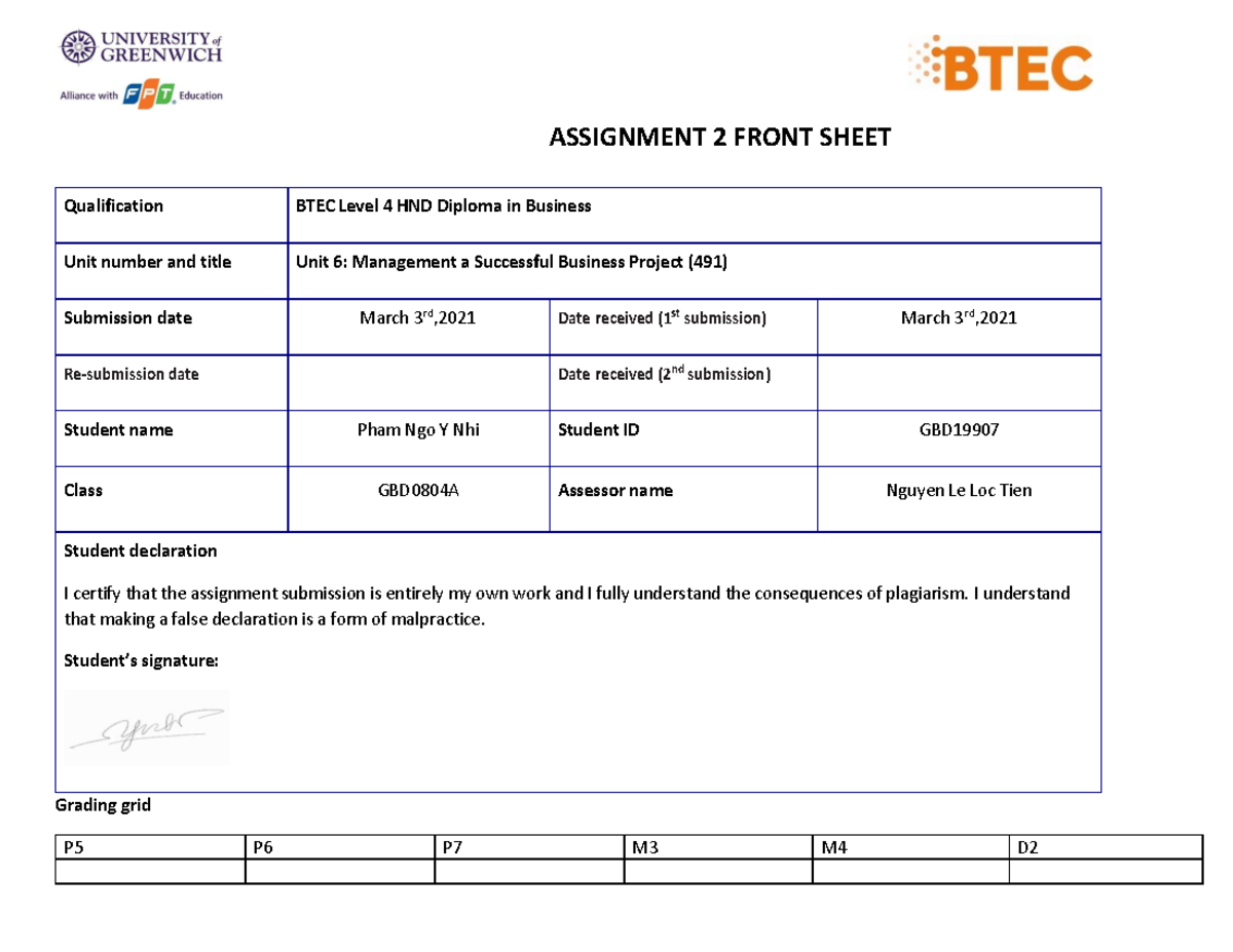 491-Assignment 2-Pham Ngo Y Nhi-GBD19907 - ASSIGNMENT 2 FRONT SHEET Qualification BTEC Level 4 ...