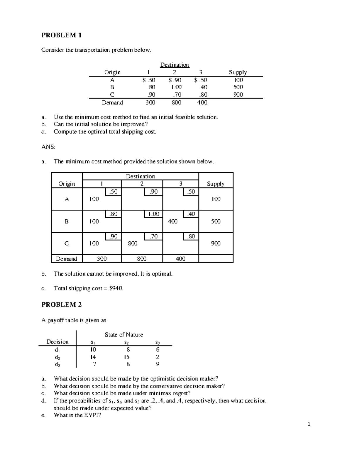 Quiz-3-all - Math - PROBLEM 1 Consider the transportation problem below ...
