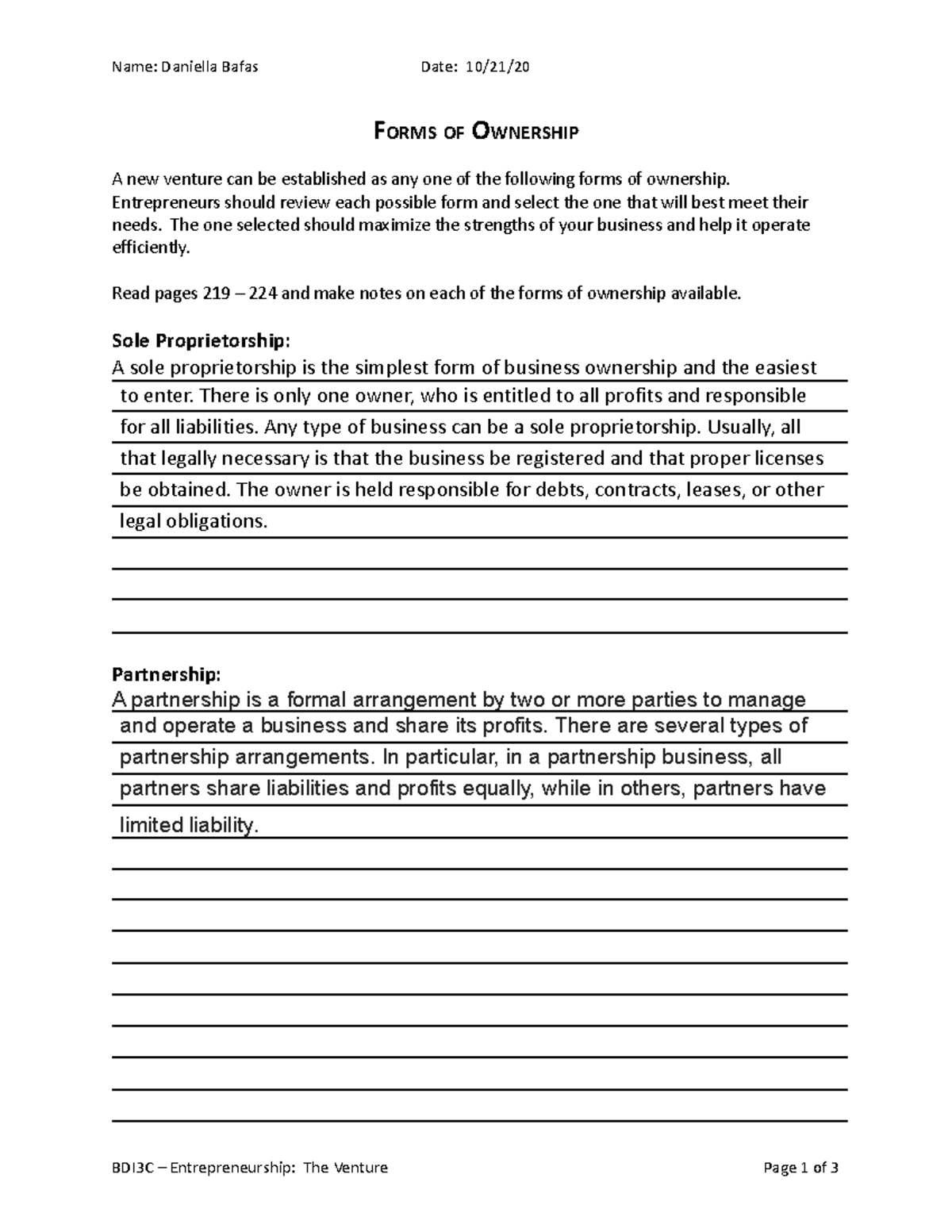 Forms of Ownership - Lecture notes 2, 4-6 - Name: Daniella Bafas Date ...