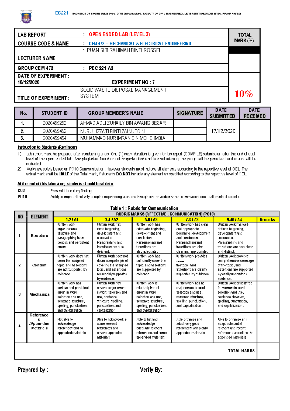 Solid Waste Disposal Management System Lab Report - Civil Engineering ...
