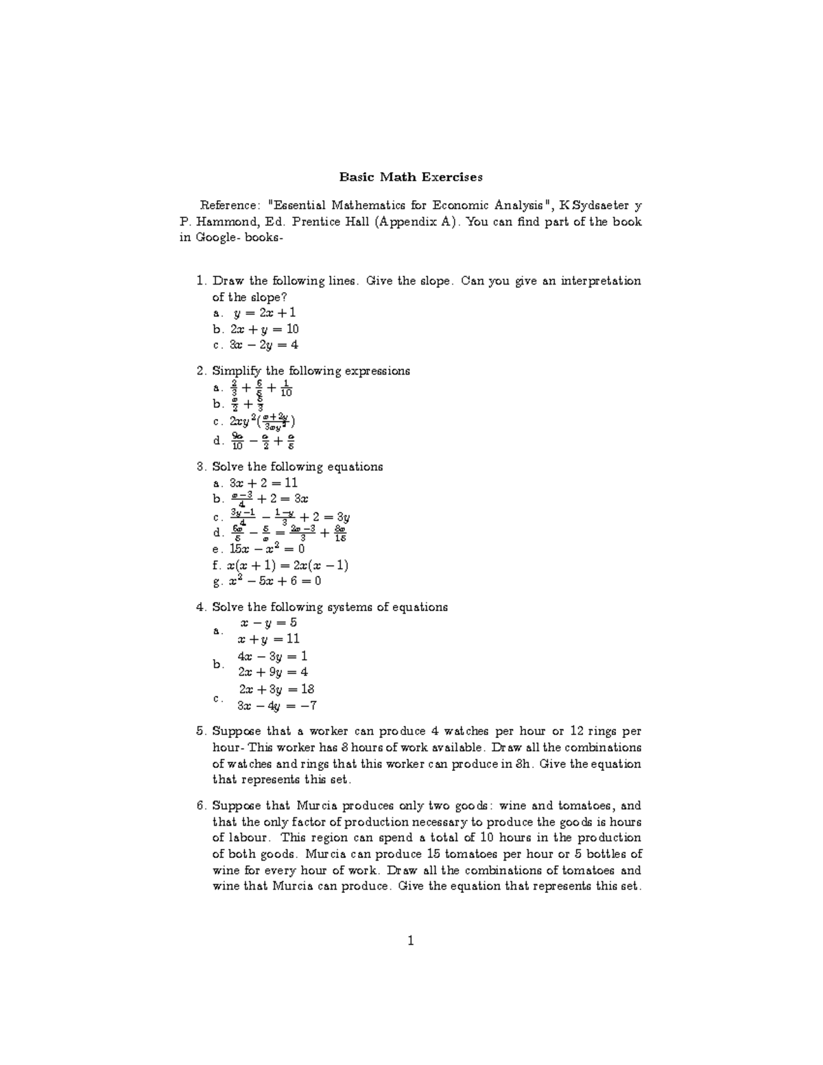 Math Exercises - Basic Math Exercises Reference: "Essential Mathematics ...
