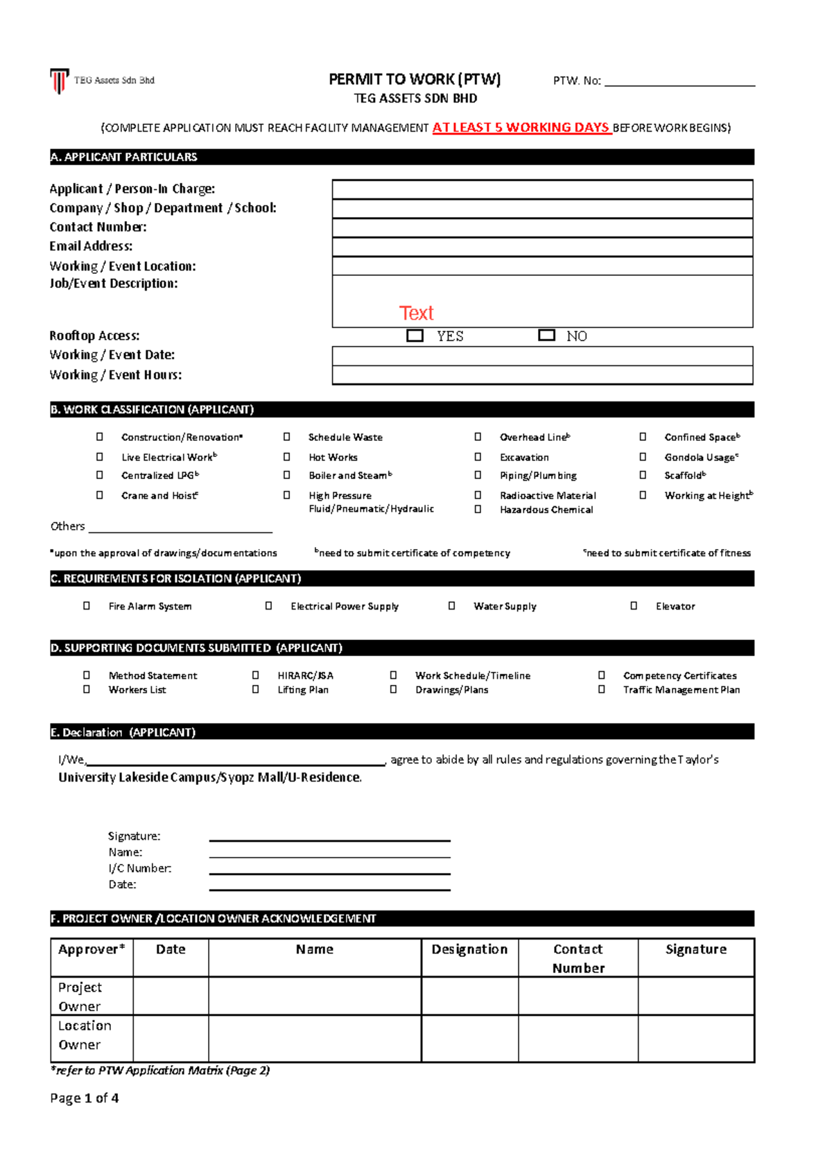 Notes for Students - PERMIT TO WORK (PTW) PTW. No ...