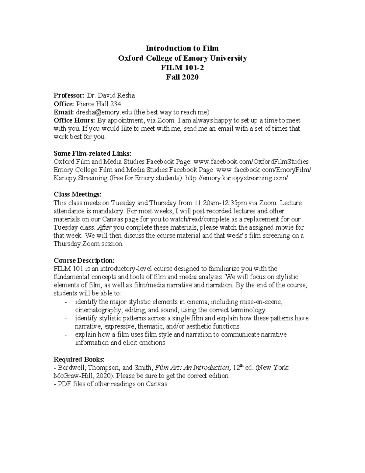 0. Film101Syllabus 2 Fall2020 - Introduction to Film Oxford College of ...
