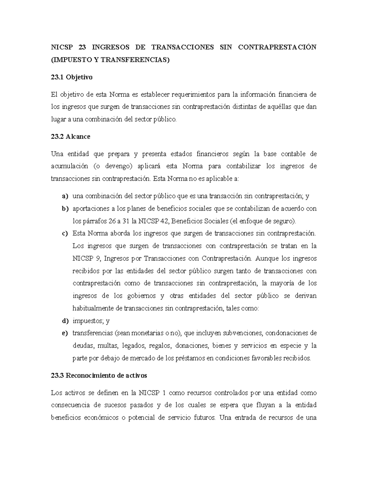 Nicsp 23 25 - es informacion de una clase que se transcribio - NICSP 23 ...