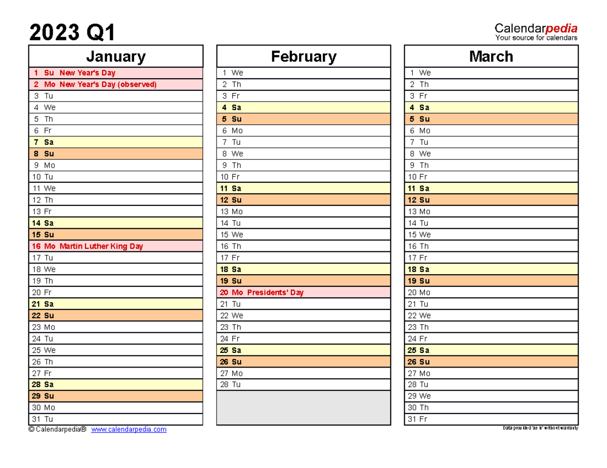 Quarterly calendar 2023 landscape - January February March 1 Su New ...