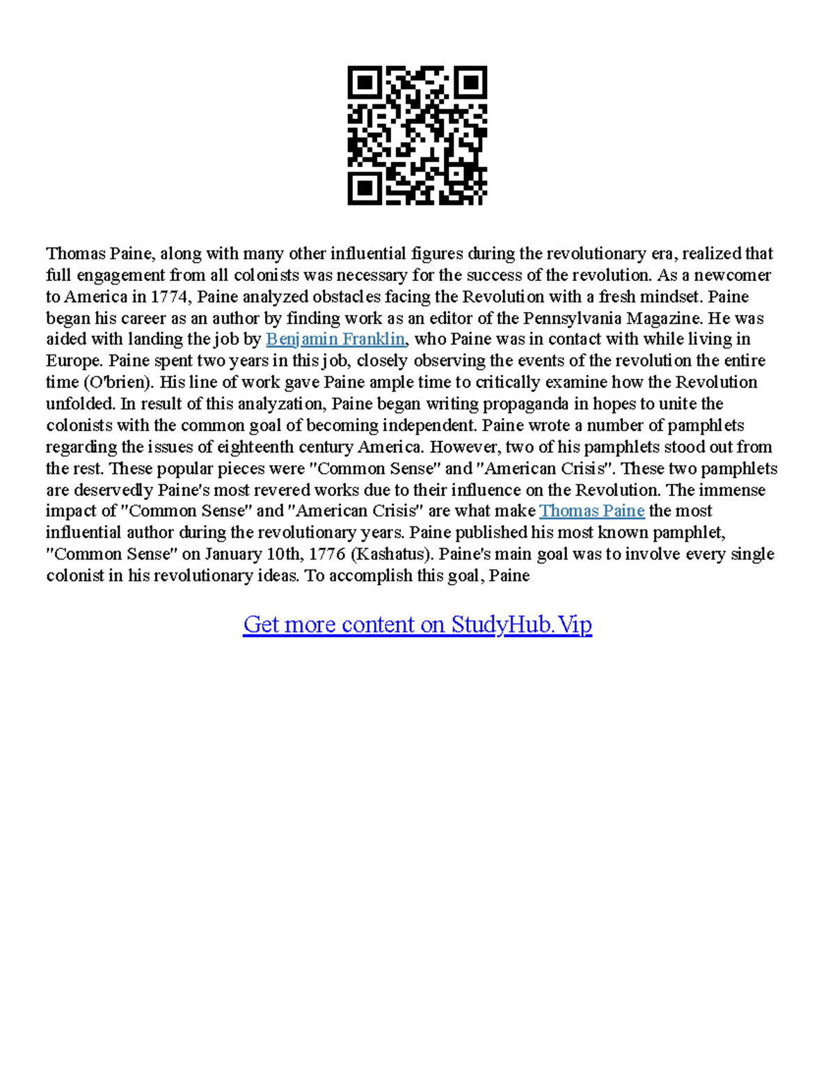 Common Sense Essays - Thomas Paine, along with many other influential ...