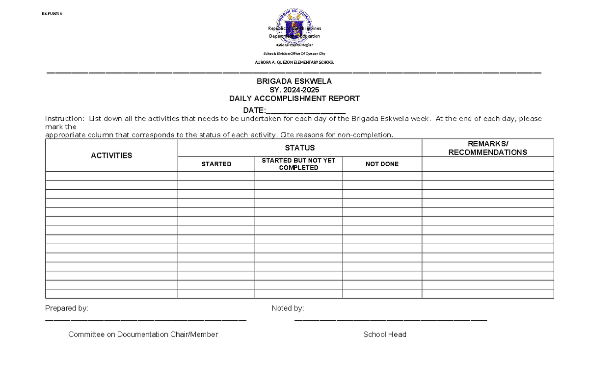 Brigada Eskwela FORM 6 Daily Accomplishment Report - Republic of the ...