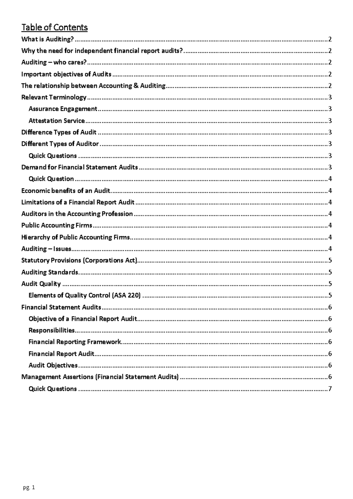 ACCT3101 Lectures 1-11 Notes - Table of Contents What is Auditing ...