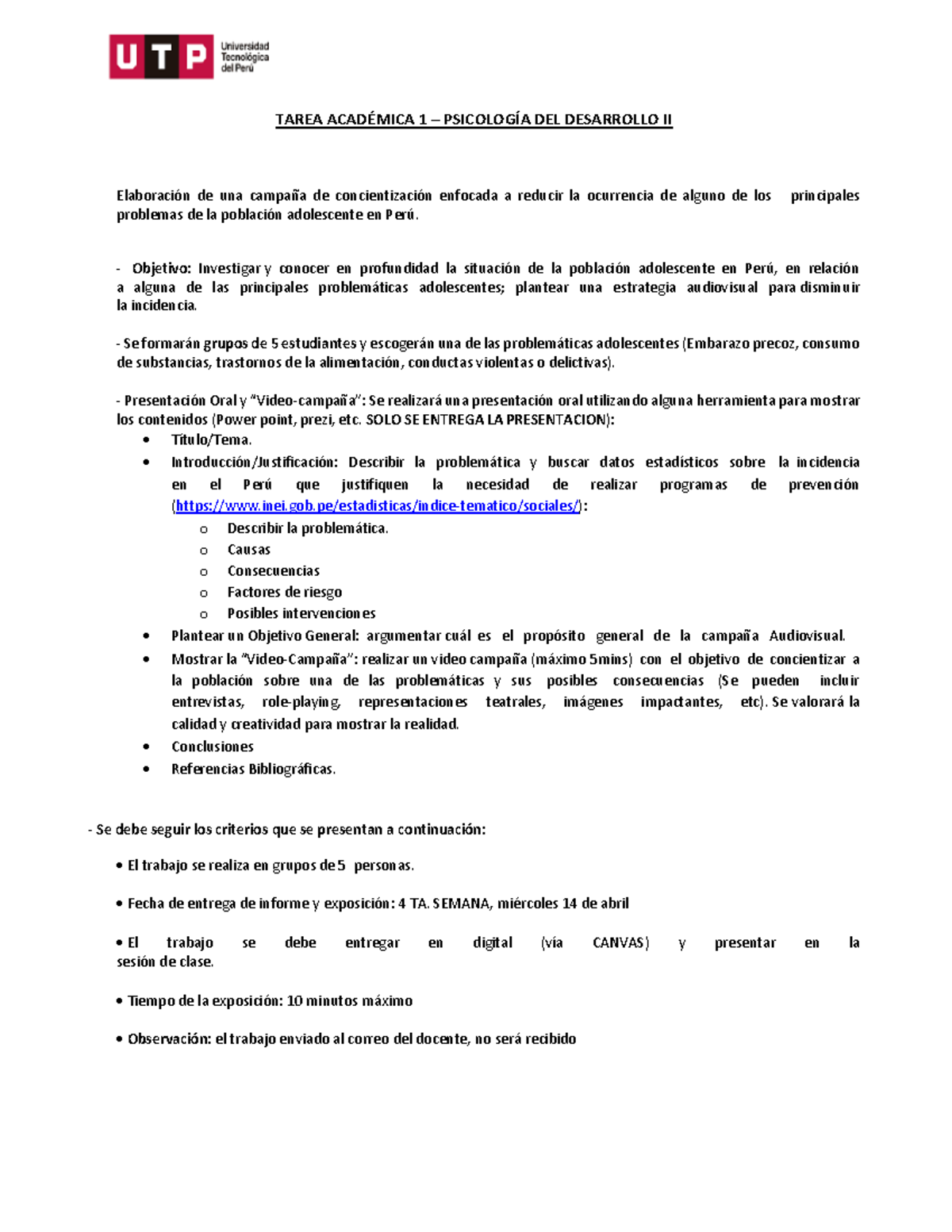 Tarea Académica 1 - TAREA ACAD.. 1 – PSICOLOGÕA DEL DESARROLLO II ElaboraciÛn de una campaÒa de ...