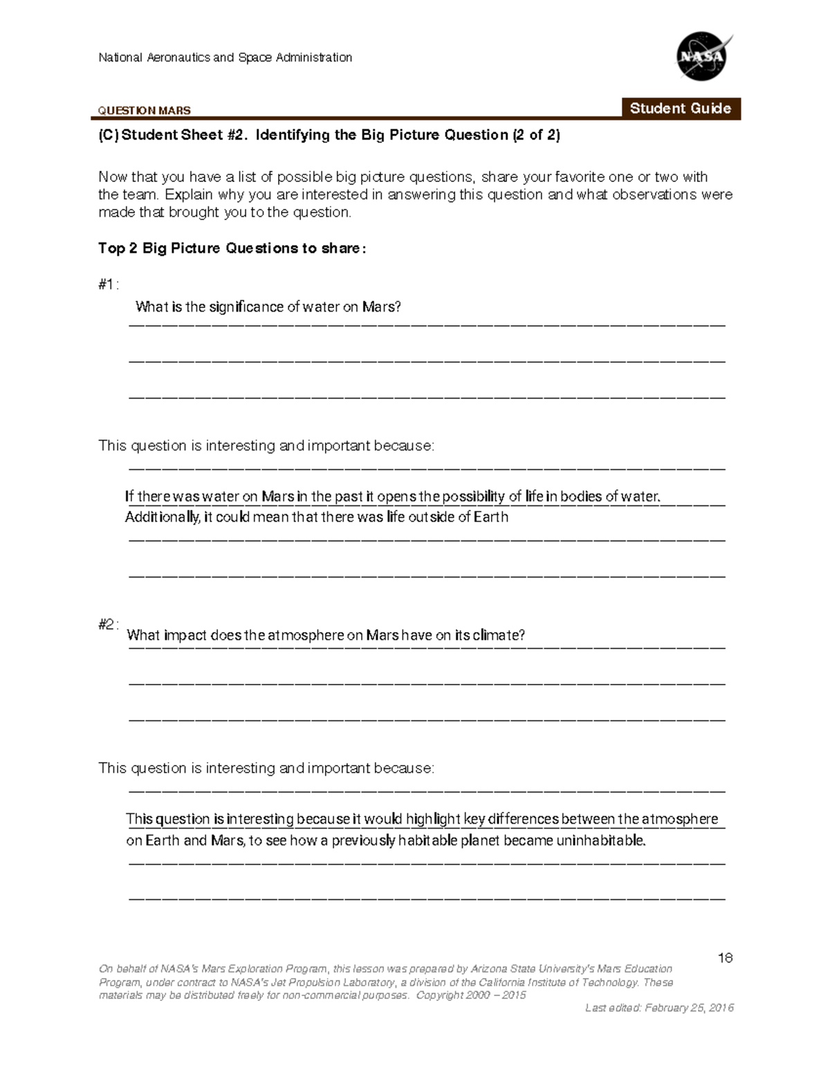 Question Mars HS Lesson C D - National Aeronautics and Space ...