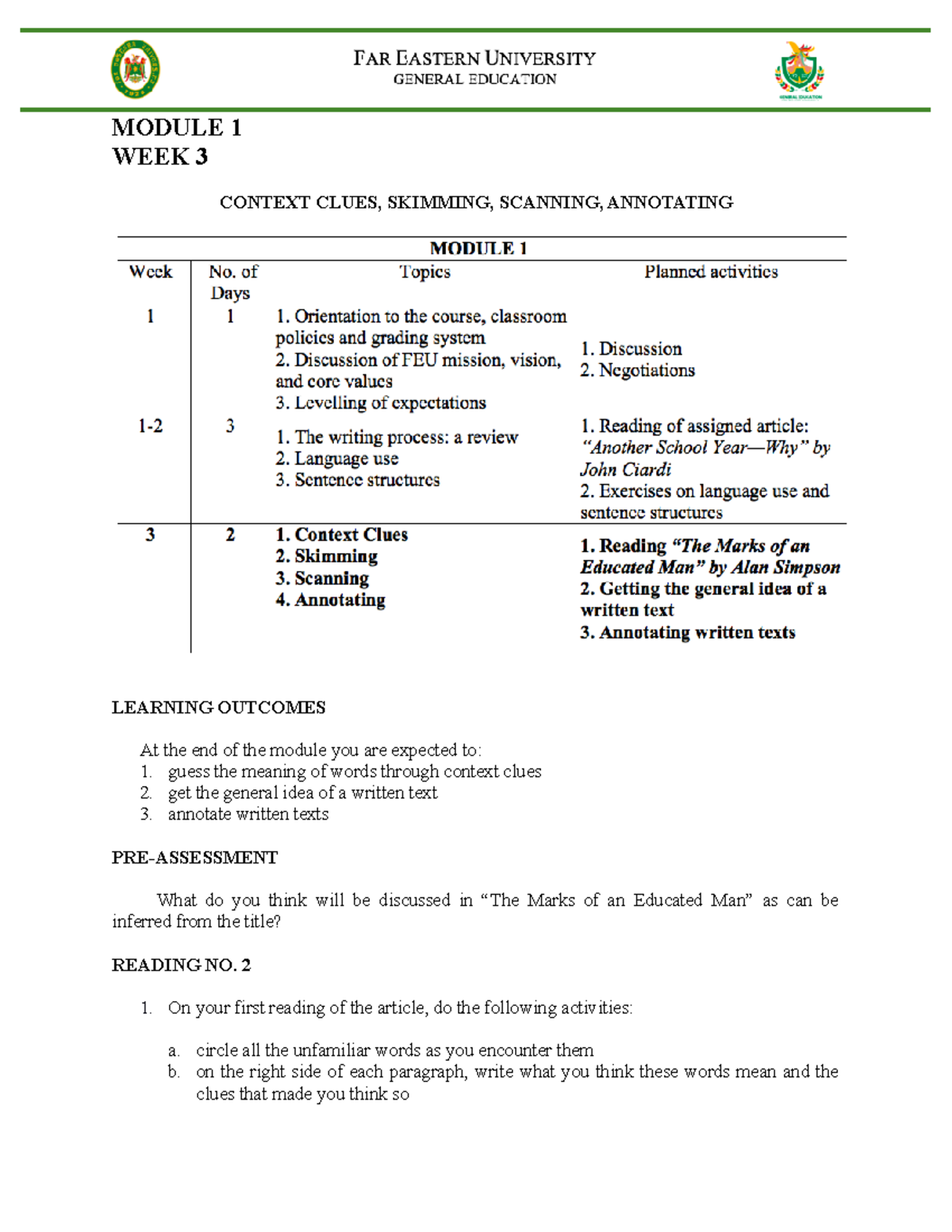 MODULE 1: WEEK 3 - MODULE 1 WEEK 3 CONTEXT CLUES, SKIMMING, SCANNING ...