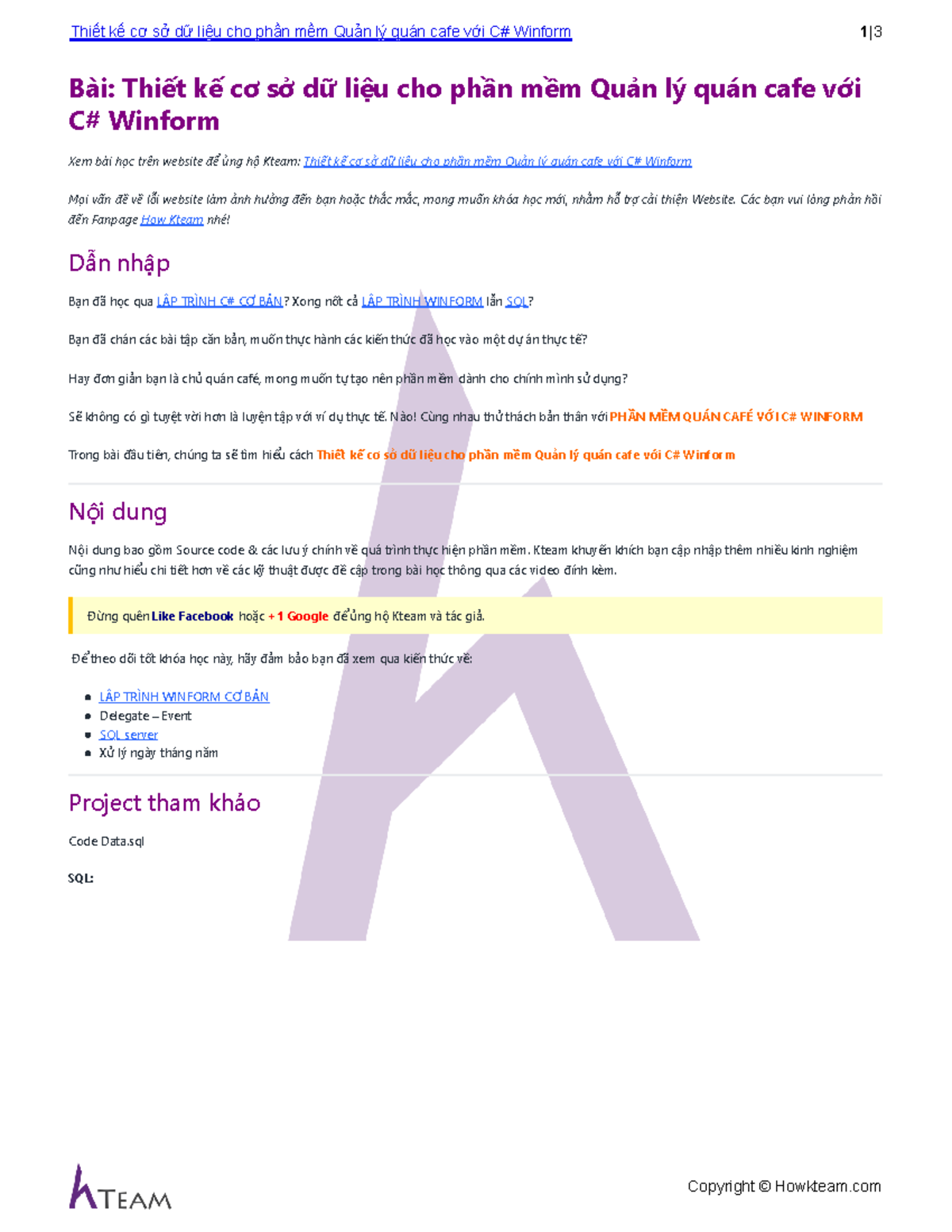 Howkteam.VN - Thiết kế cơ sở dữ liệu cho phần mềm Quản lý quán cafe với ...