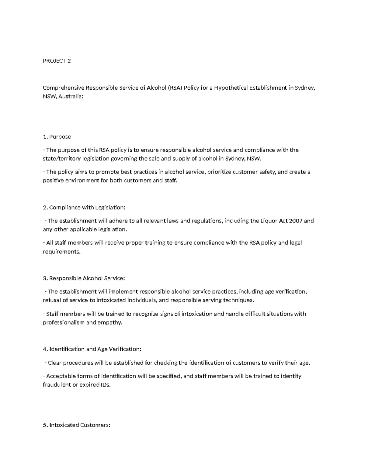 Project 2 - PROJECT 2 Comprehensive Responsible Service of Alcohol (RSA ...