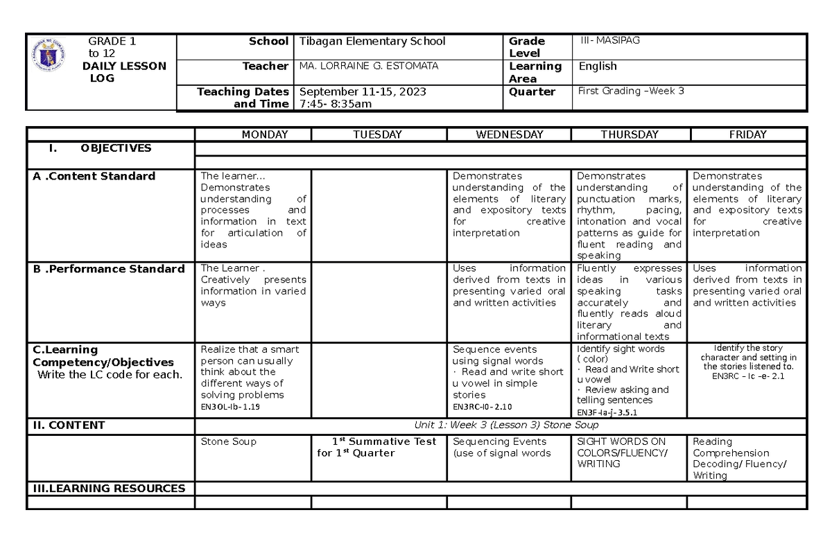 DLL 1st Quarter Grade 3 Week 3 - GRADE 1 to 12 DAILY LESSON LOG School ...