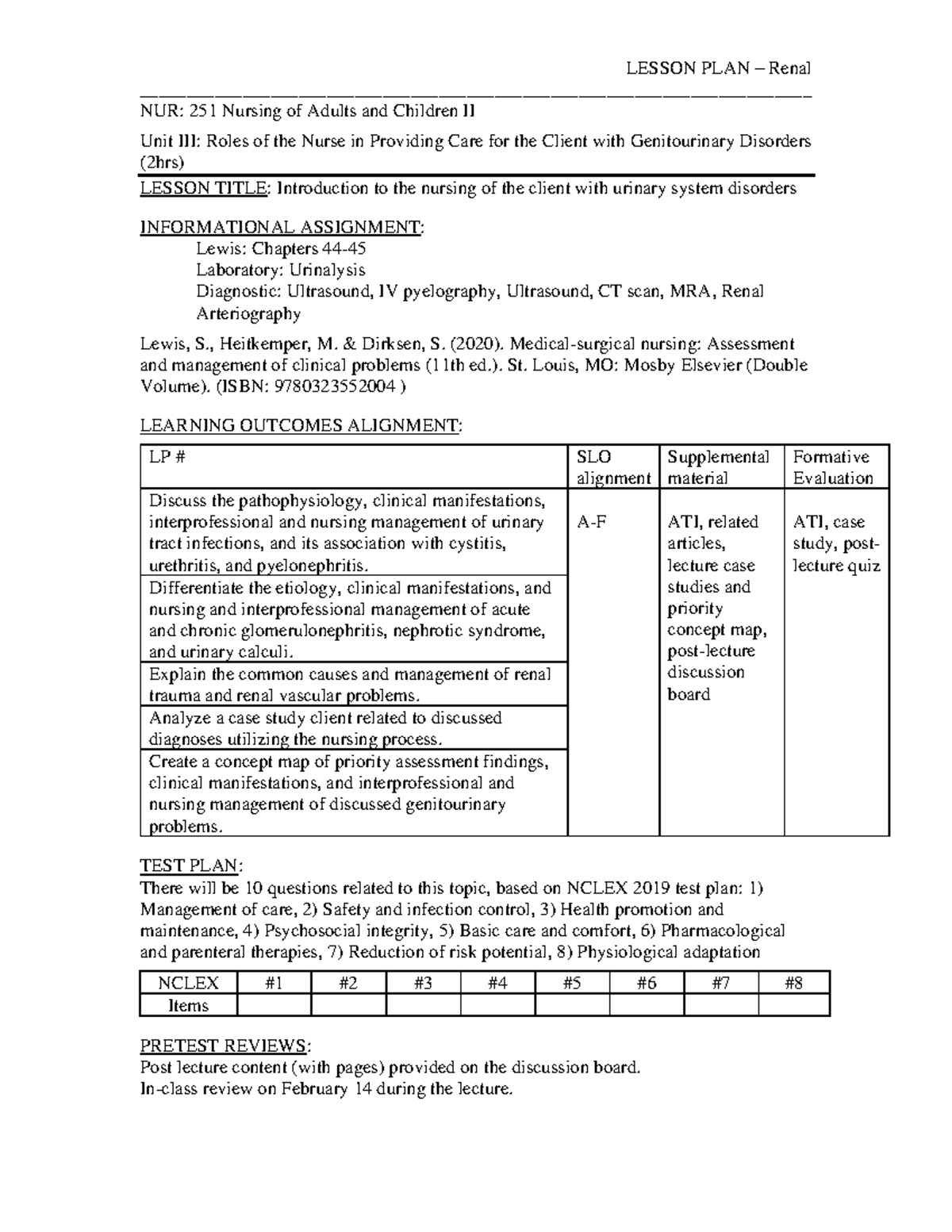 Adult Renal GUProblems S23 - LESSON PLAN – Renal NUR: 251 Nursing of ...