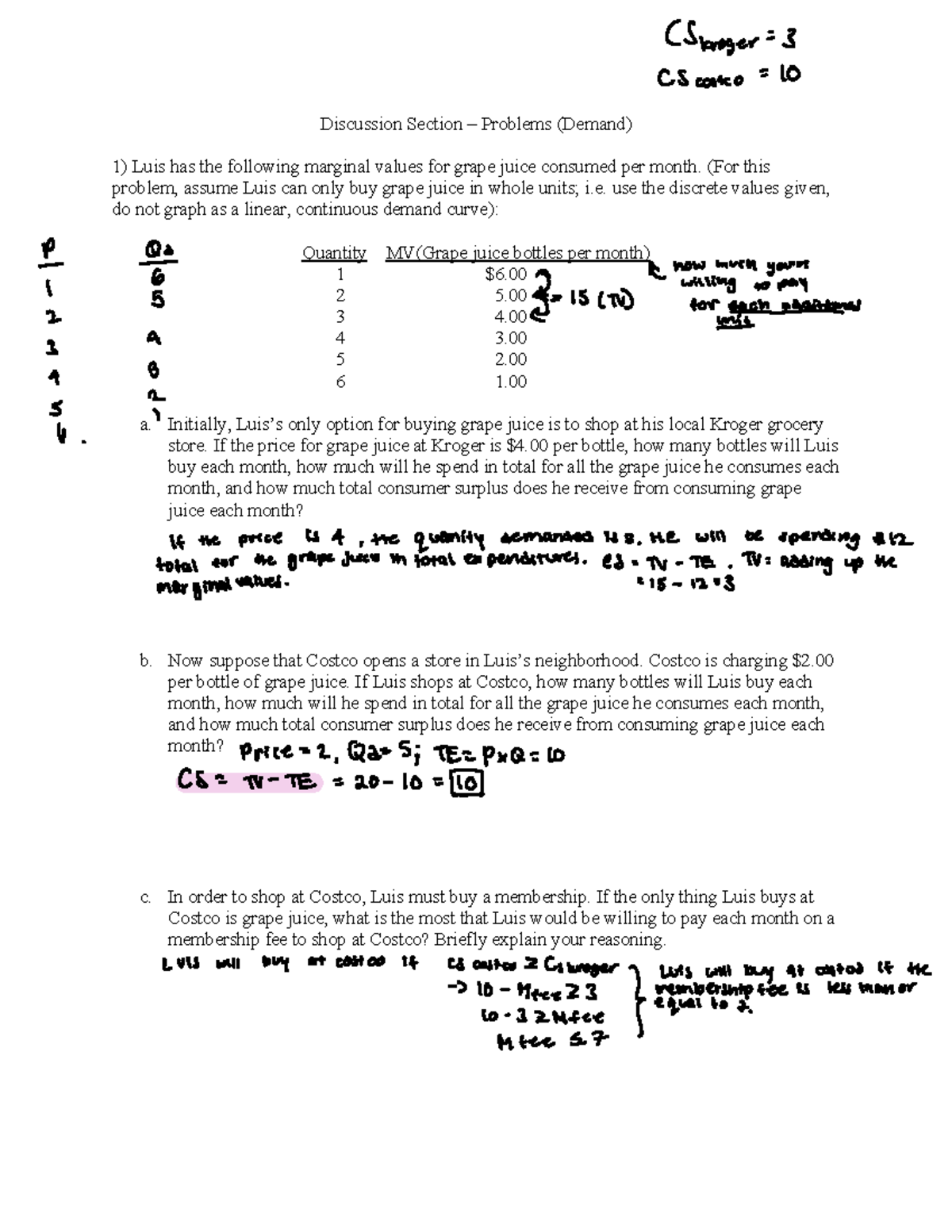 Discussion Section Worksheet Demand - Discussion Section – Problems ...