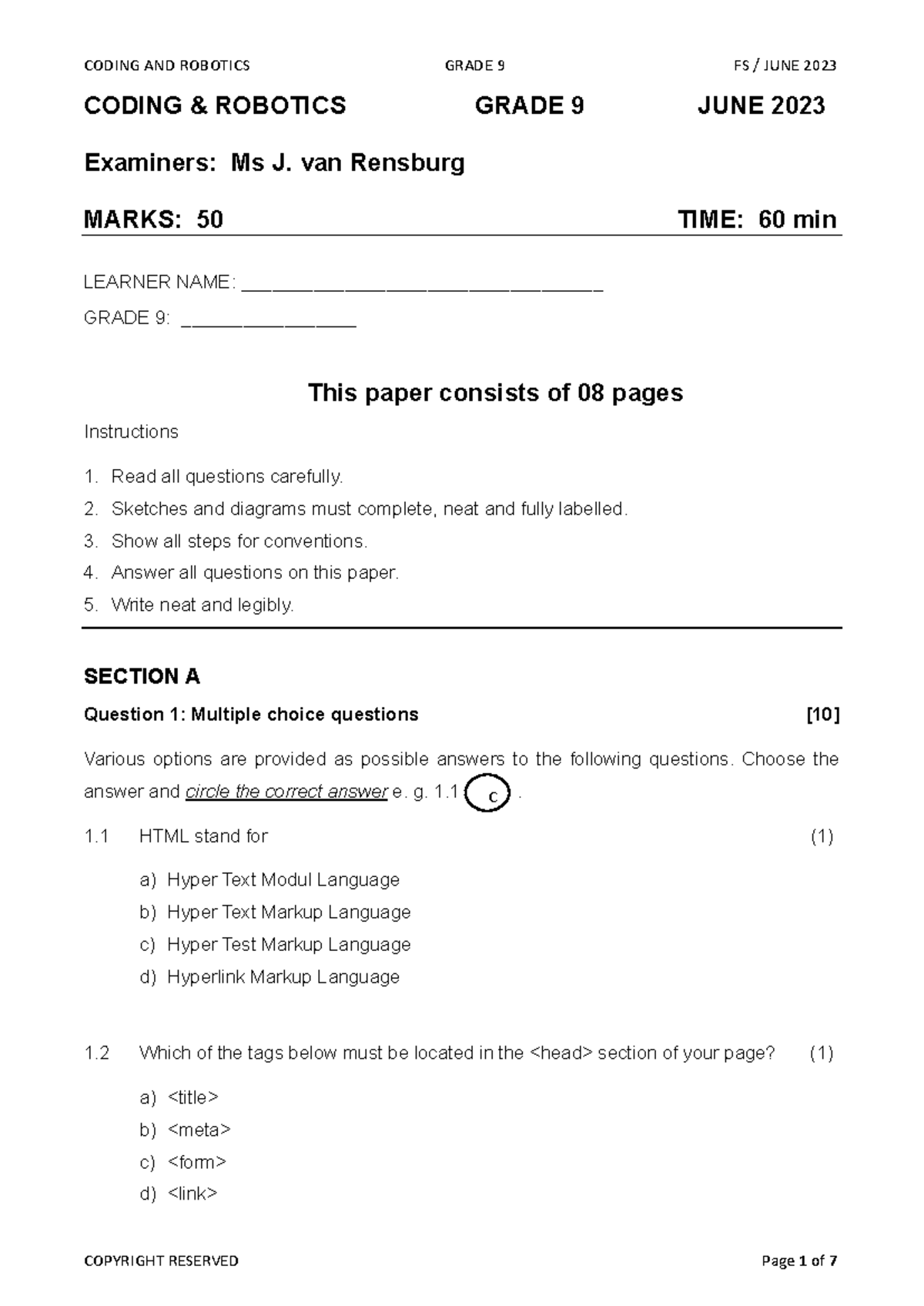 Grade 09 Final C&R - QP - JUNE 2023 - CODING & ROBOTICS GRADE 9 JUNE ...