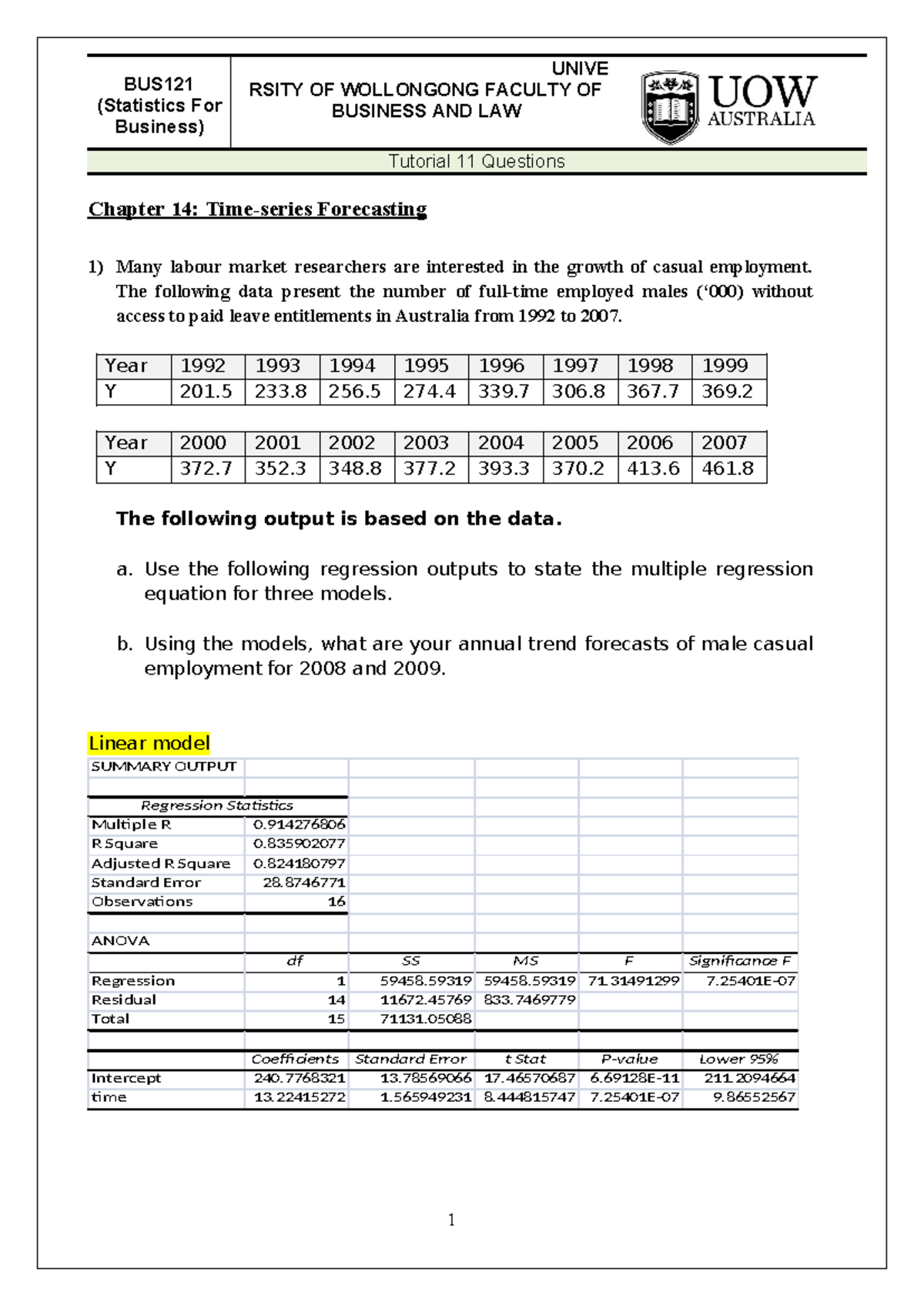 T11 Questions ch 14 - tutorial solution - BUS (Statistics For Business ...