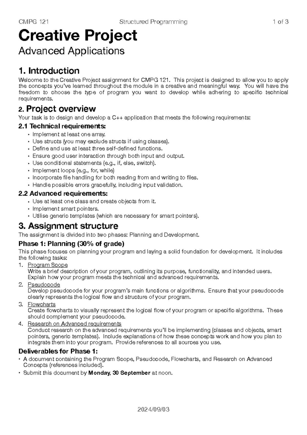 CMPG121 Creative Project - CMPG 121 Structured Programming 1 of 3 Creative Project Advanced ...