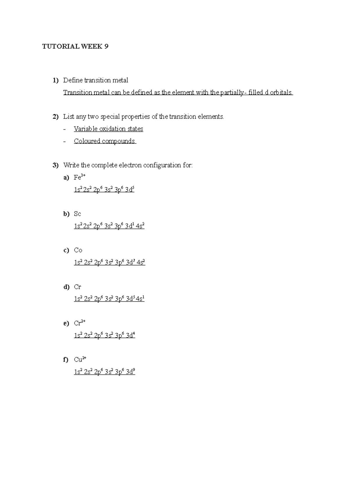 Tutorial WEEK 9 CHM361 - TUTORIAL WEEK 9 1) Define transition metal Transition metal can be ...