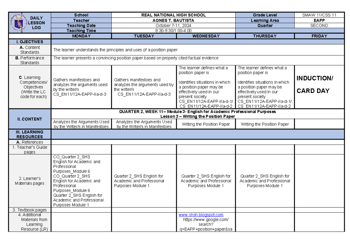 EAPP DLL Q2 W1 - This is a daily lesson log. - DAILY LESSON LOG School ...
