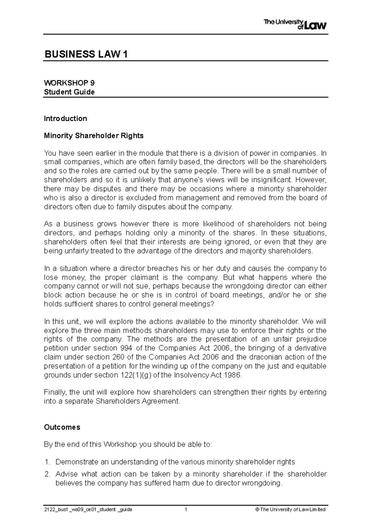 Business Law workshop 9 - BUSINESS LAW 1 WORKSHOP 9 Student Guide ...