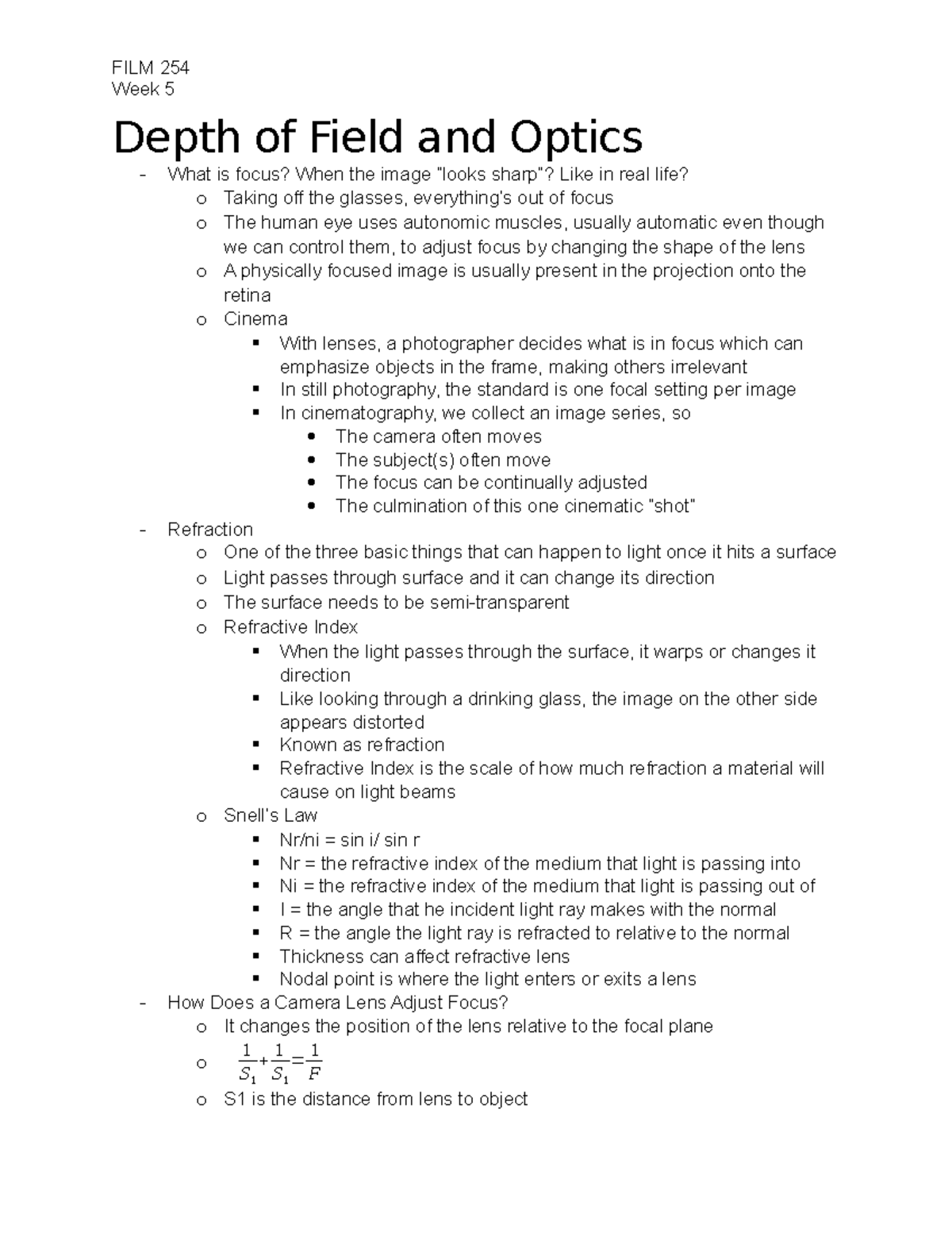 Depth of Field and Optics WEEK 5 - Week 5 Depth of Field and Optics ...
