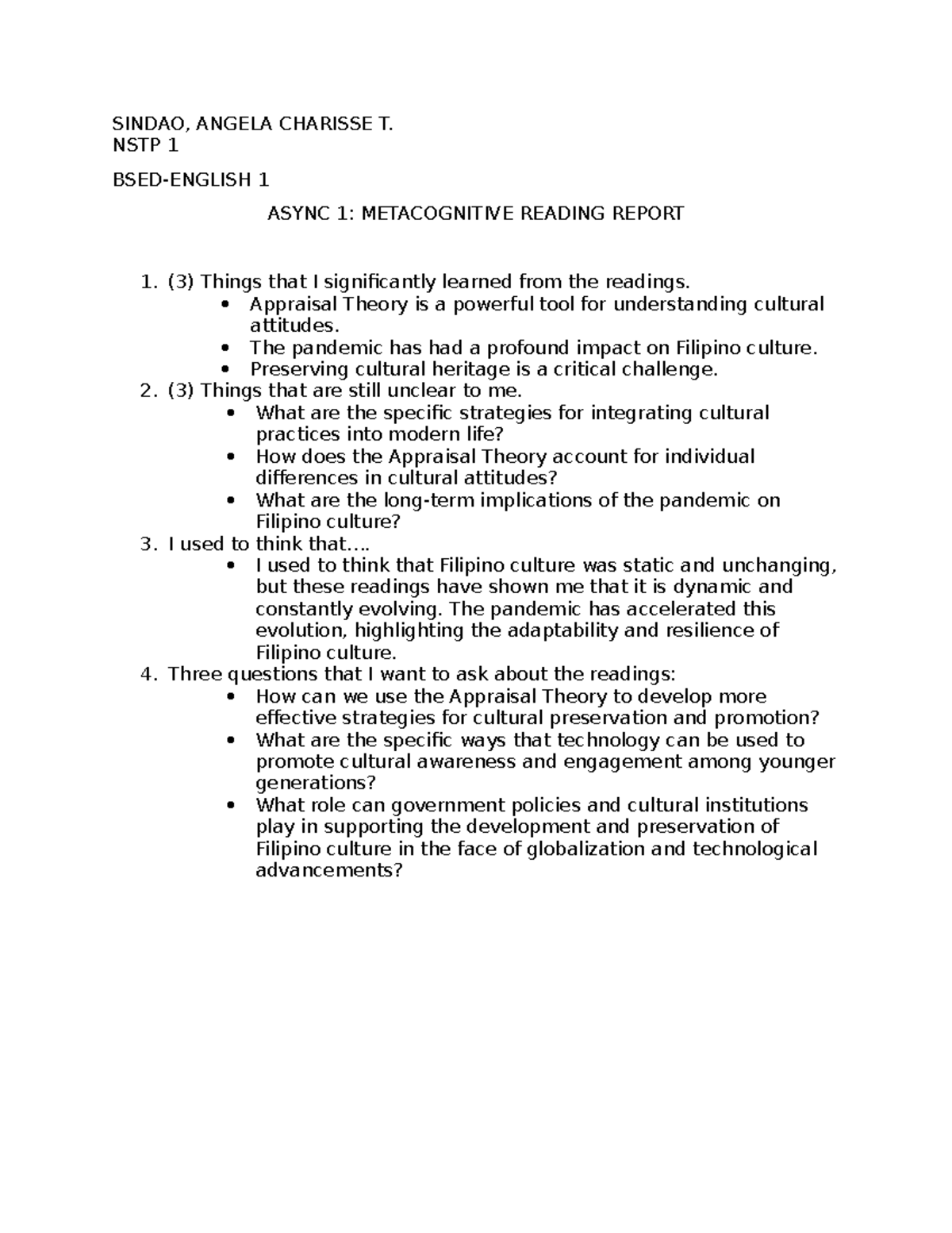 Metacognitive Report ( Sindao, Angela Charisse T - SINDAO, ANGELA ...