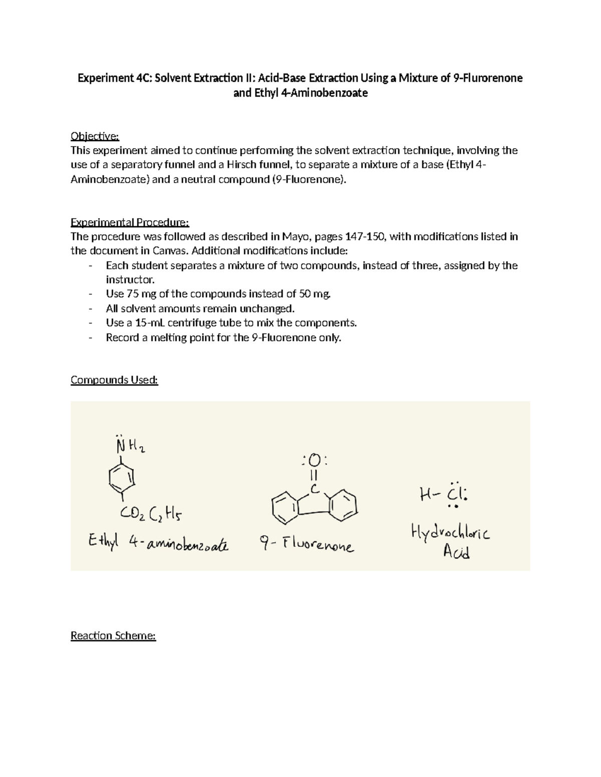 Orgo 1 Lab report 3 - Experiment 4C: Solvent Extraction II: Acid-Base Extraction Using a Mixture ...