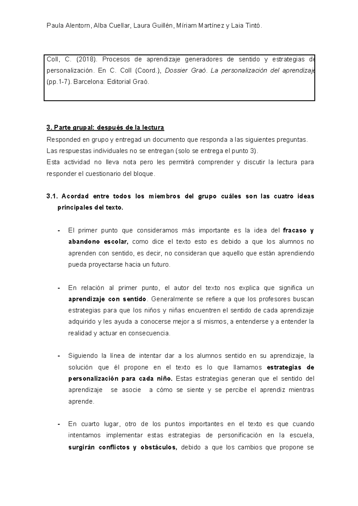 Pauta grupal Coll 2B2 9 bloc 2 - Coll, C. (2018). Procesos de ...
