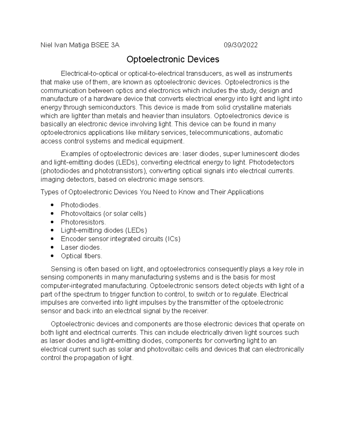 Opto Electronics - Niel Ivan Matiga BSEE 3A 09/30/ Optoelectronic ...
