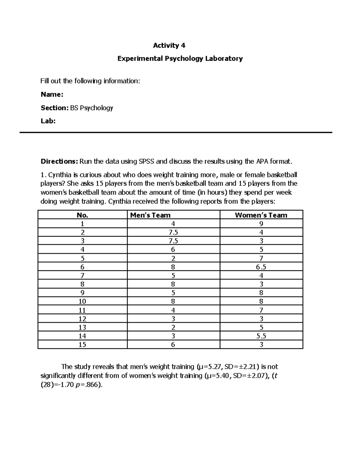 Experimental Psychology - Interpretation 2 - Activity 4 Experimental ...