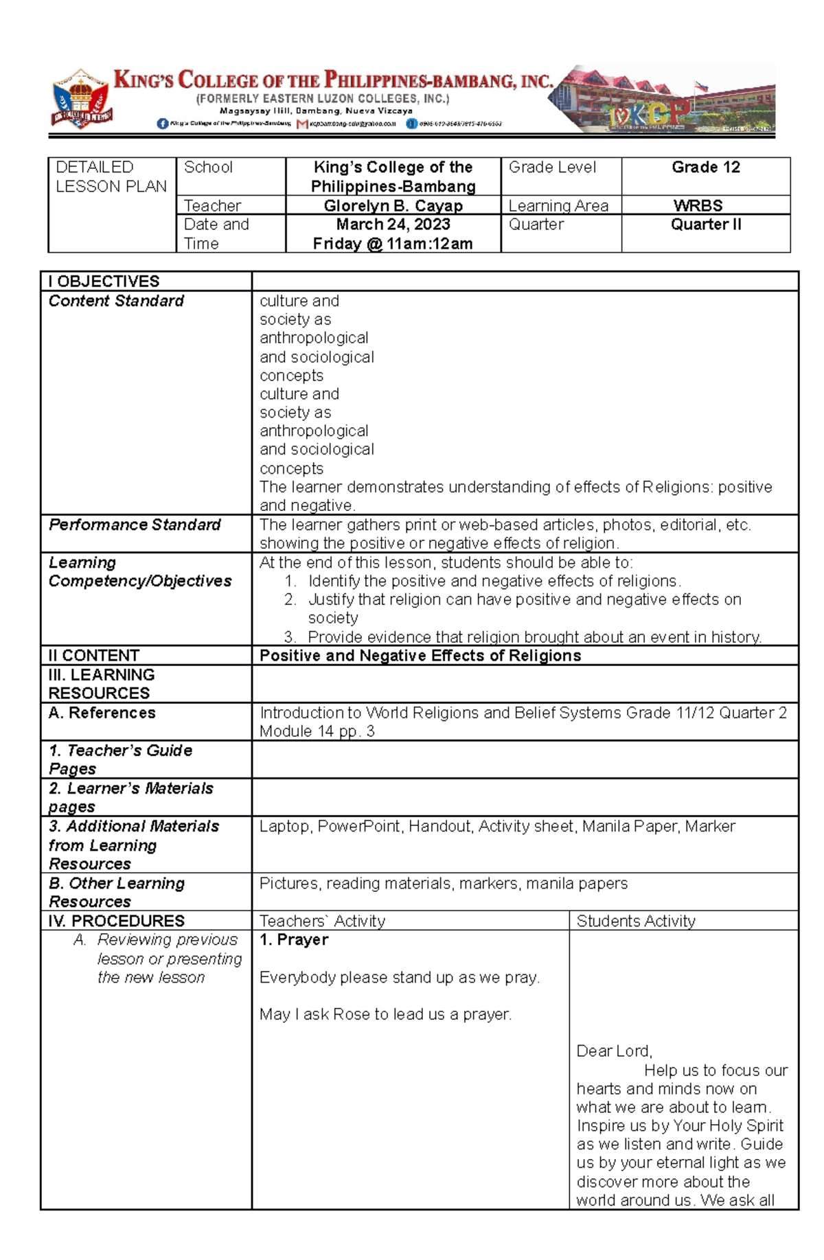 Positive and negative effect of religions - DETAILED LESSON PLAN School ...