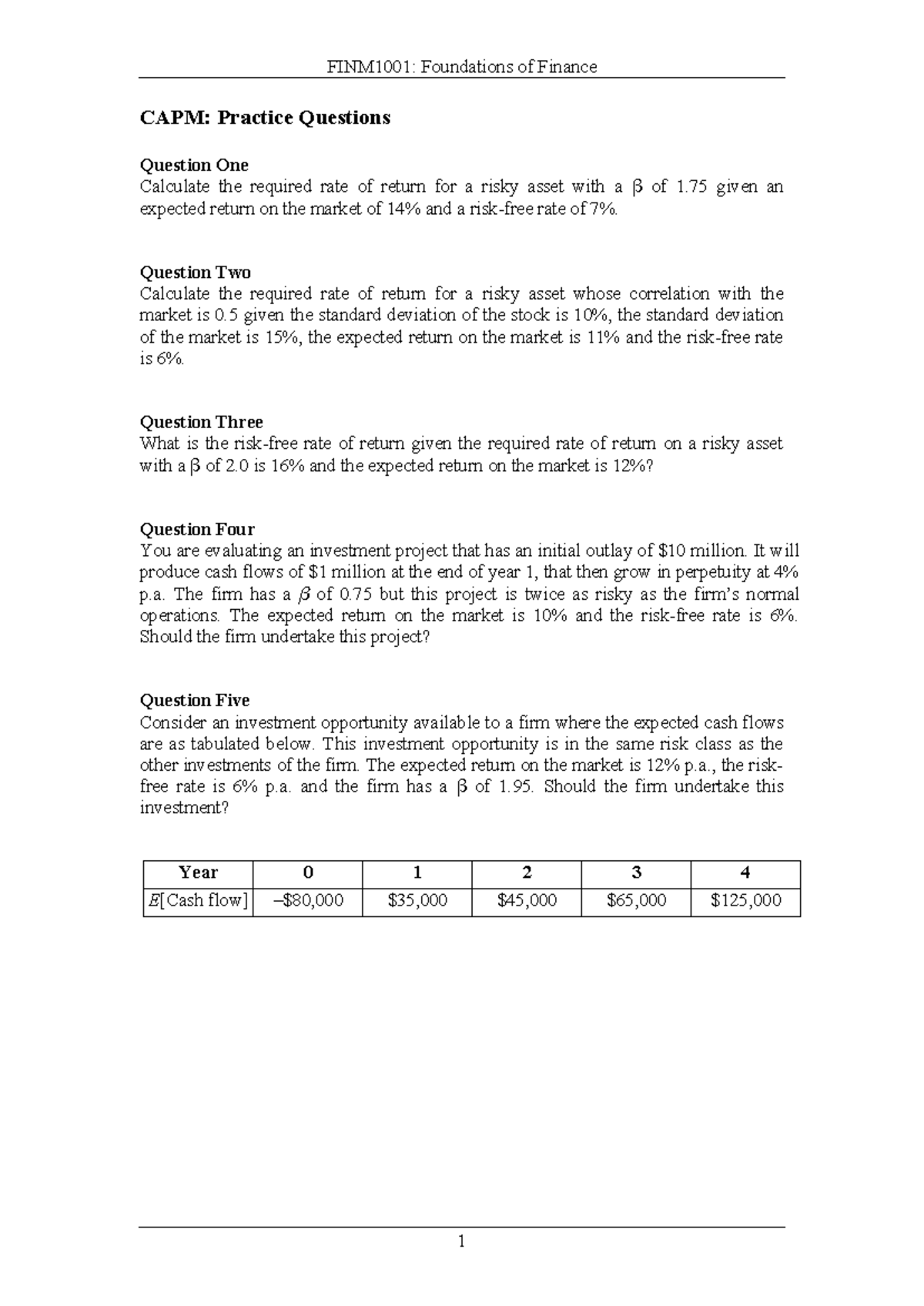 7) CAPM Practice Questions - FINM1001: Foundations of Finance CAPM: Practice Questions Question ...