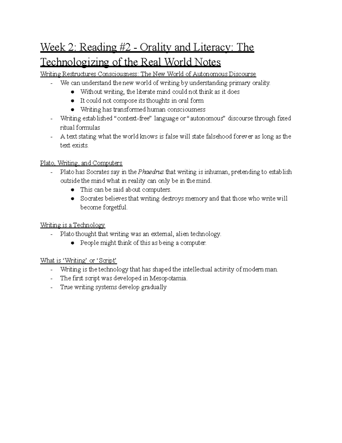 English 25 Week 2 Reading 2 - Week 2: Reading #2 - Orality and Literacy ...