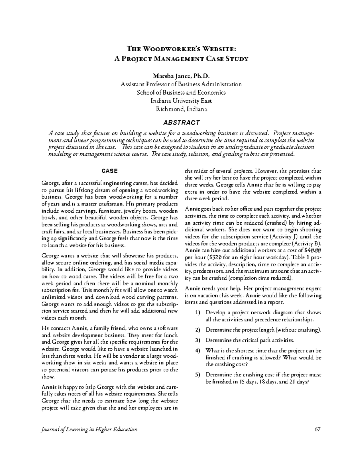 Project Management Case Study - Journal of Learning in Higher Education ...