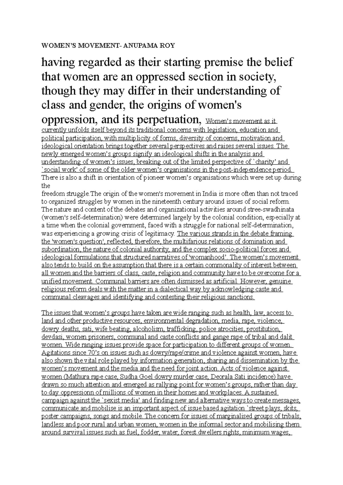 Women's Movement - Lecture notes 1-2 - WOMEN’S MOVEMENT- ANUPAMA ROY ...