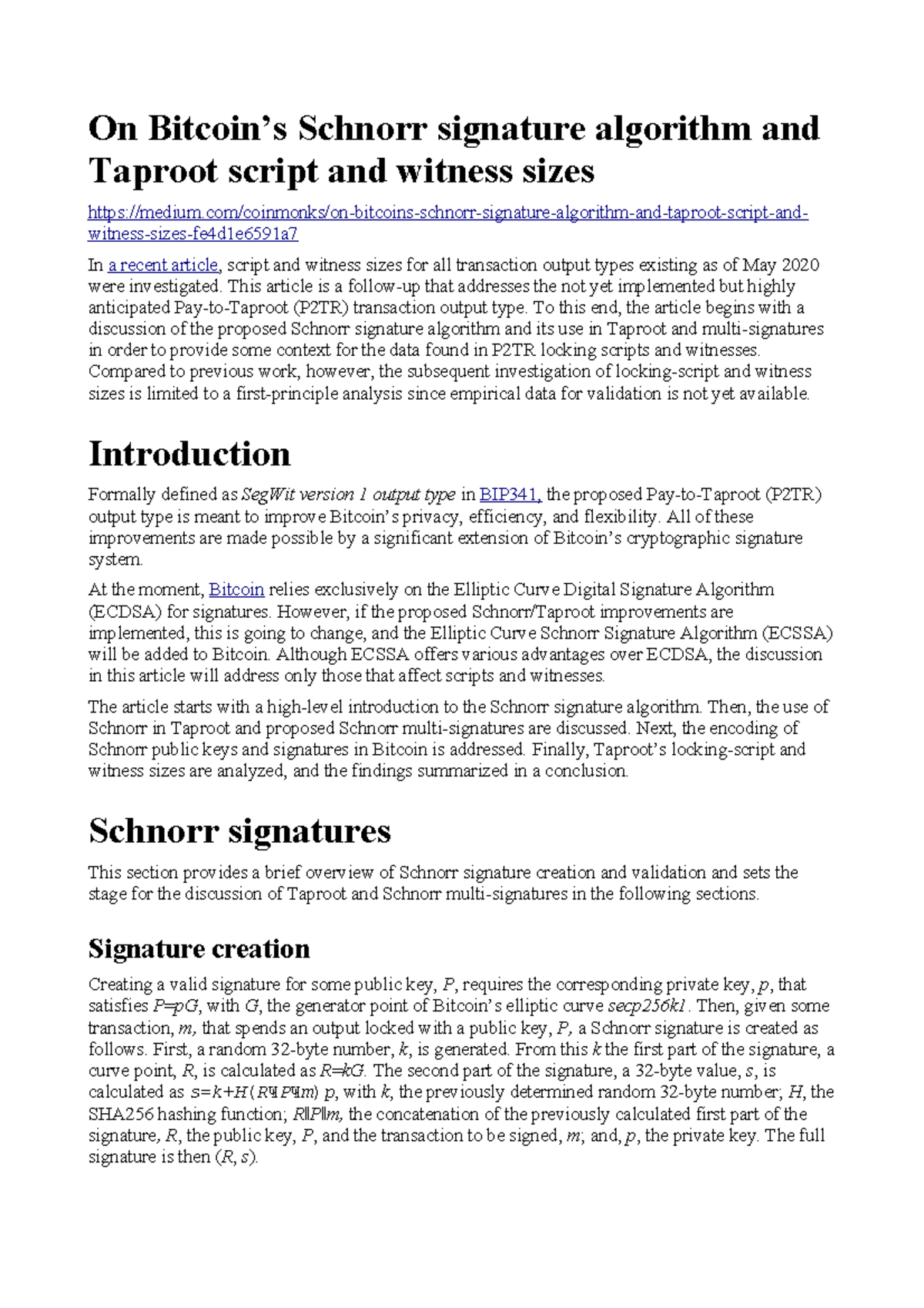 Taproot medium - On Bitcoin’s Schnorr signature algorithm and Taproot script and witness sizes ...