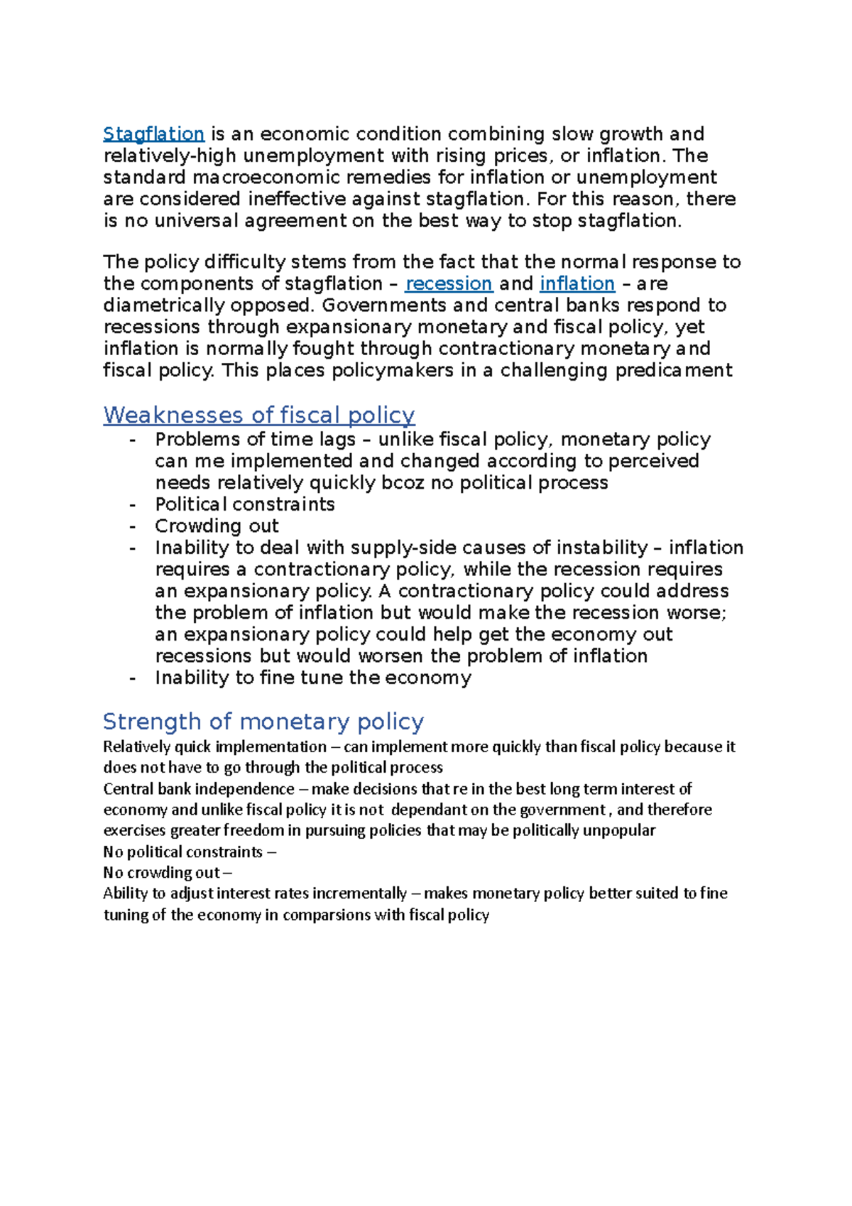 Stagflation - Notes - Stagflation is an economic condition combining ...