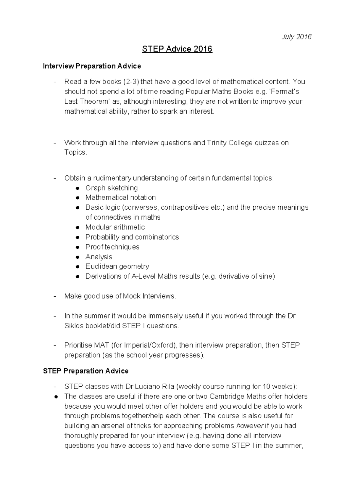 STEP Advice 2016 - July 2016 STEP Advice 2016 Interview Preparation ...