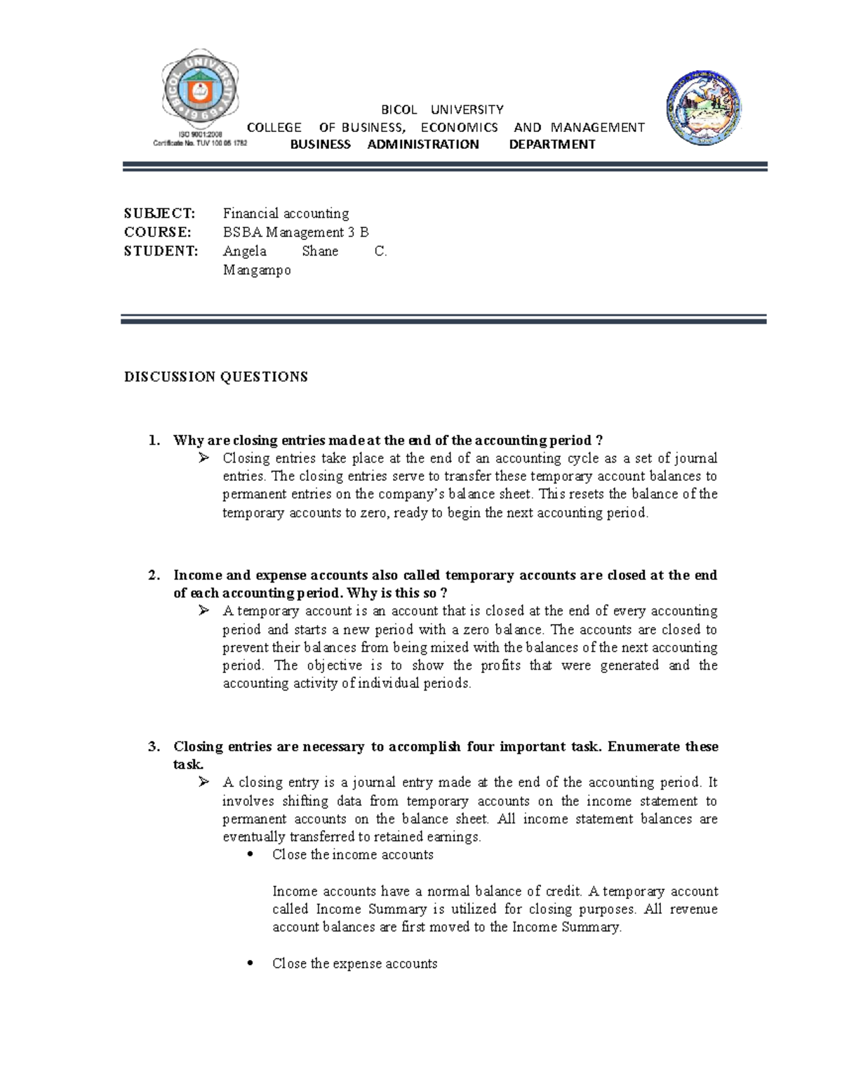 Accounting Chapter 6 - SUBJECT: COURSE: STUDENT: Financial accounting ...
