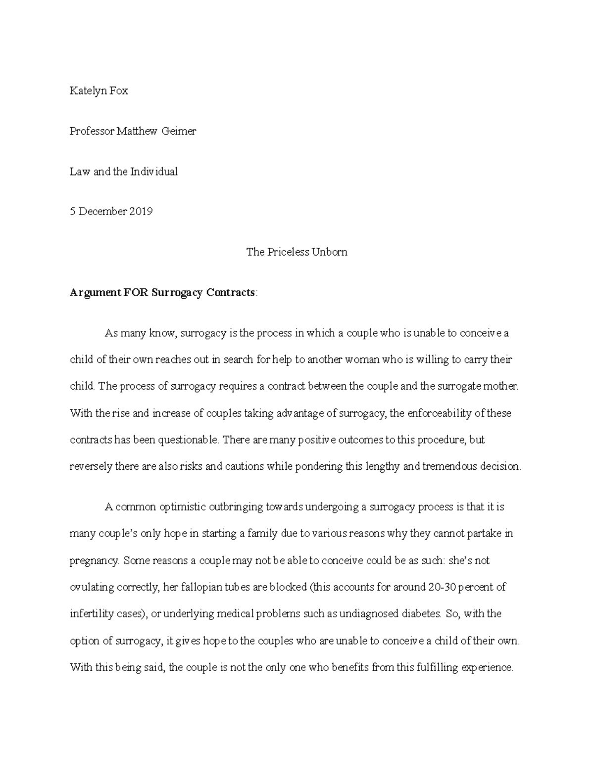 Surragacy paper - Professor Matthew Geimer - Katelyn Fox Professor ...