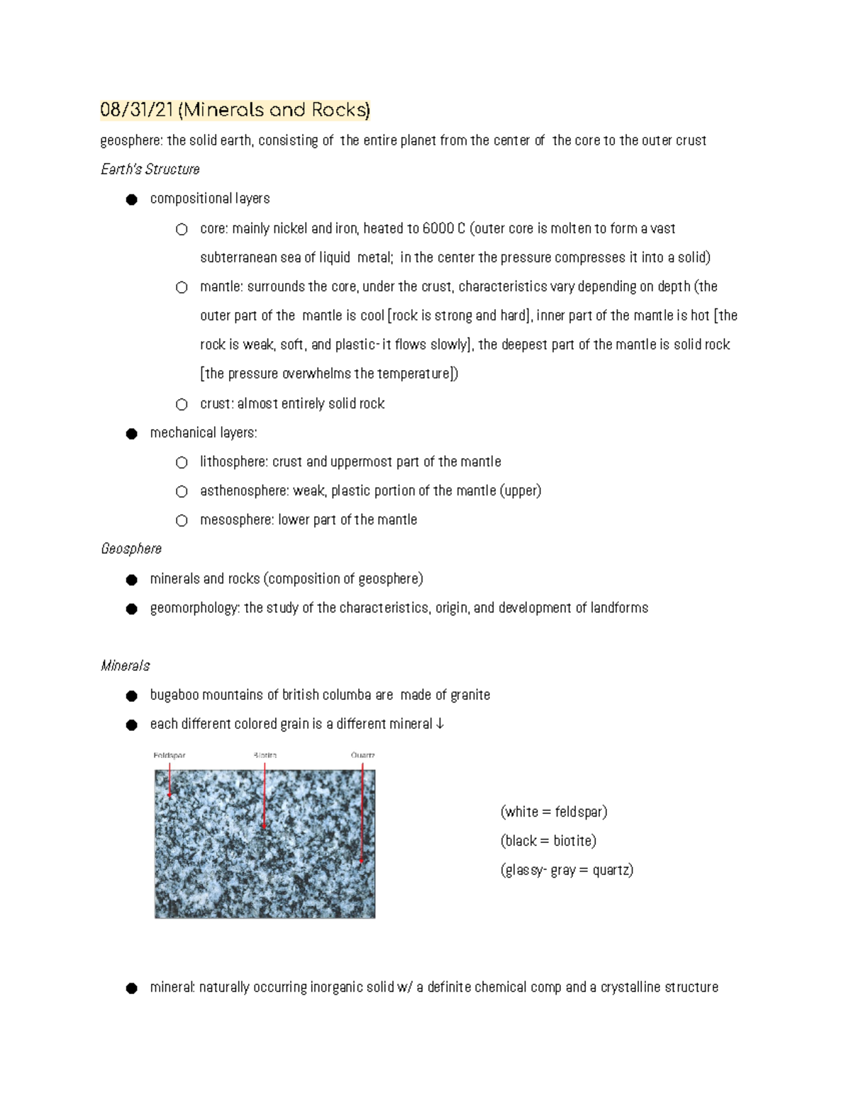 Week three - Prof. Smith - 08/31/21 (Minerals and Rocks) geosphere: the ...