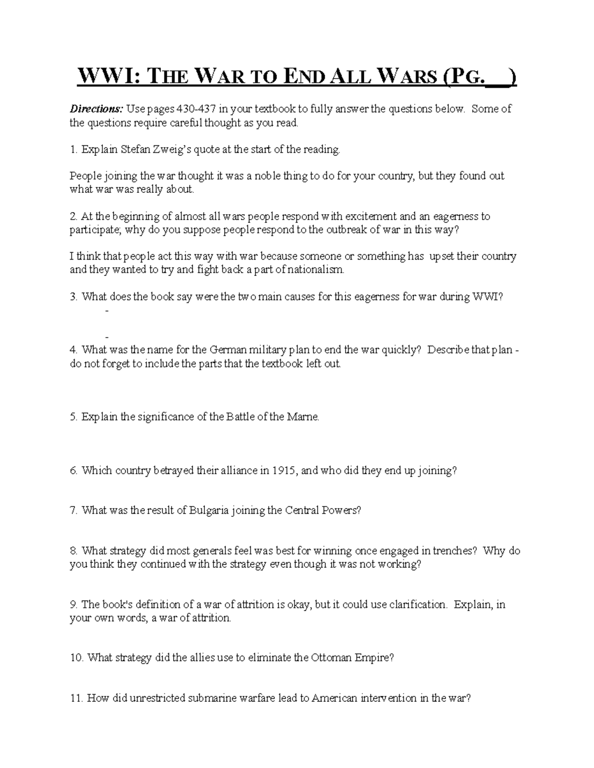 Copy of Michael Bradley - 05 - WWI Reading Guide 2023 - WWI: THE WAR TO ...